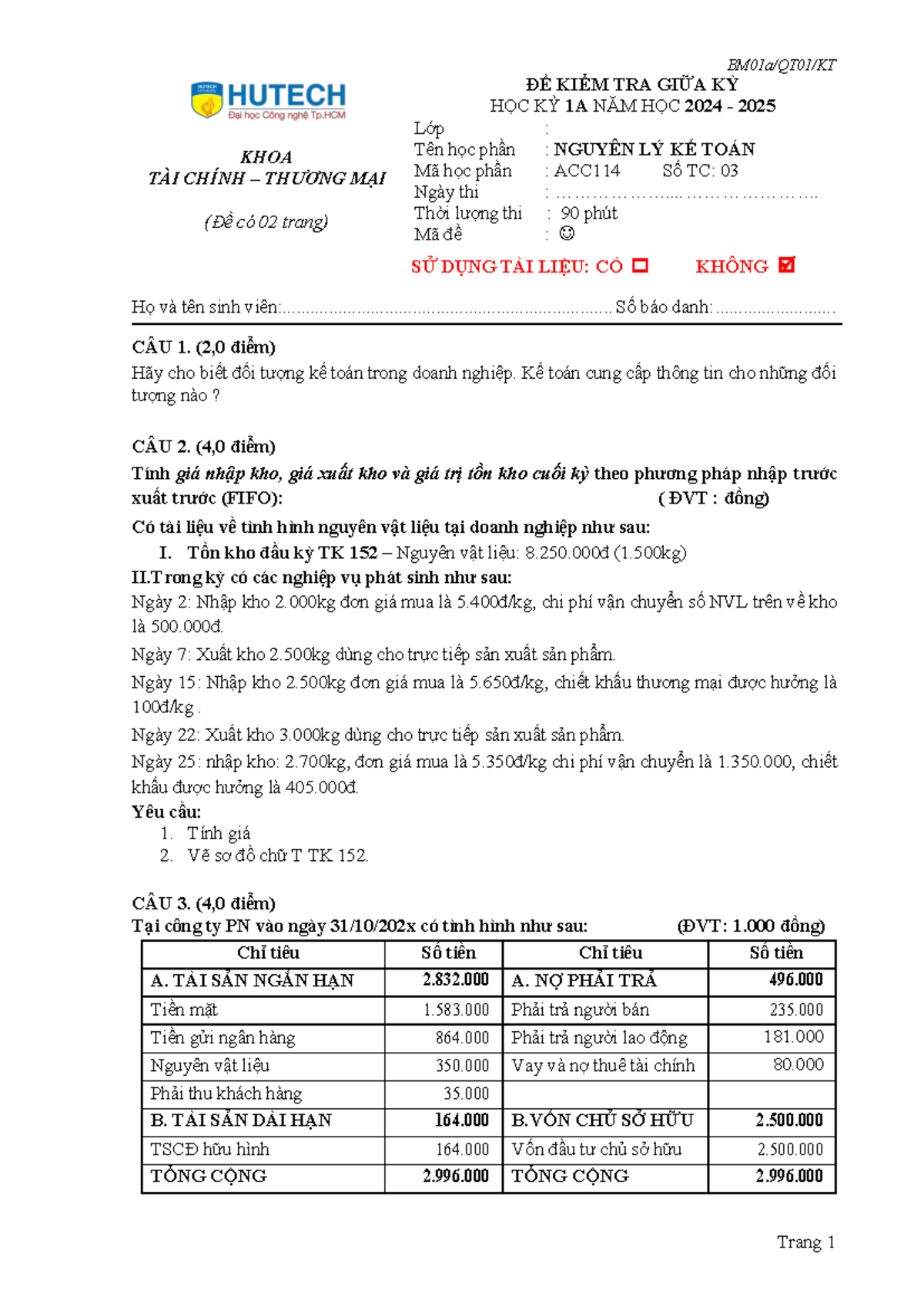 2024.2025.HK1A - đề thi giữa kì - BM01a/QT0 1 /KT Trang 1 KHOA TÀI ...