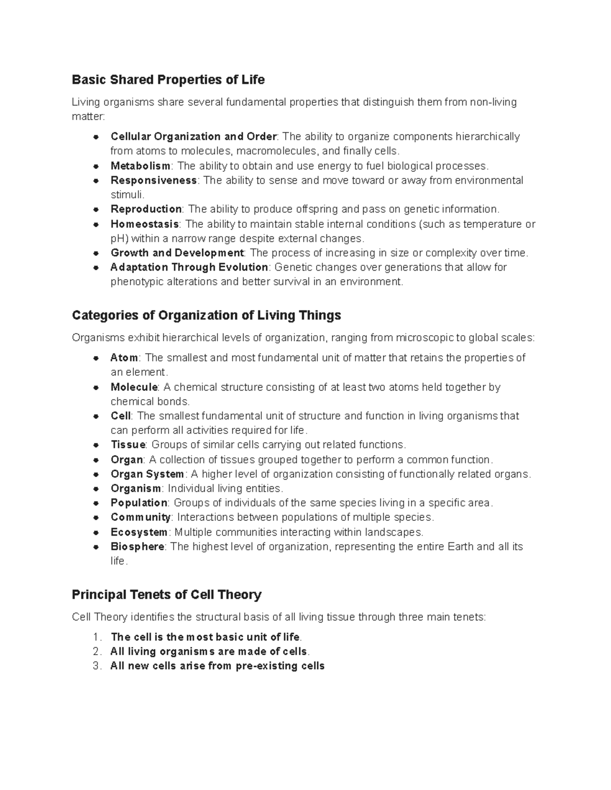 Bio 170 Final Exam Notes: Properties of Life & Organization Categories ...