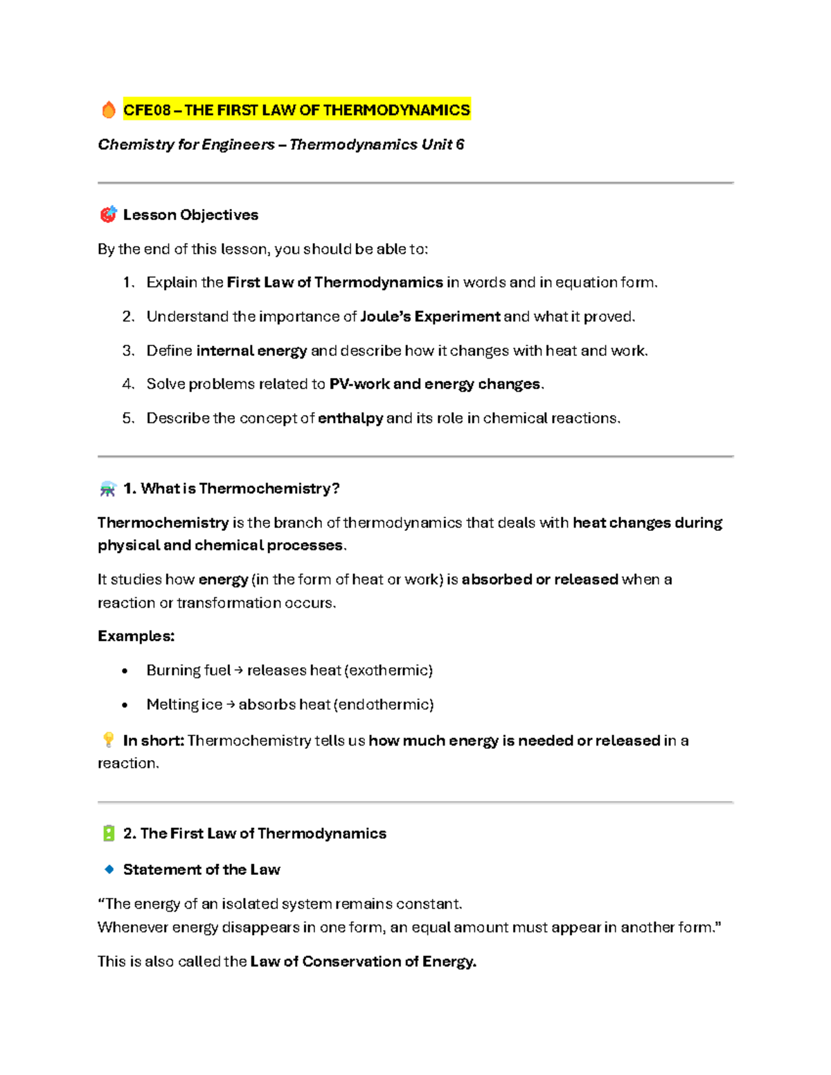 CFE08 Thermodynamics: First Law & Enthalpy Concepts in Chemistry - Studocu