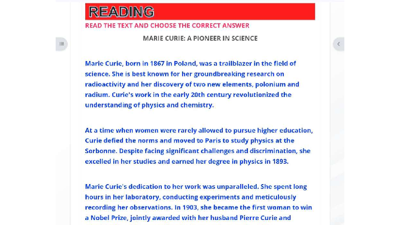 1000170964 - Marie Curie: A Pioneer in Science Overview and Quiz - Studocu