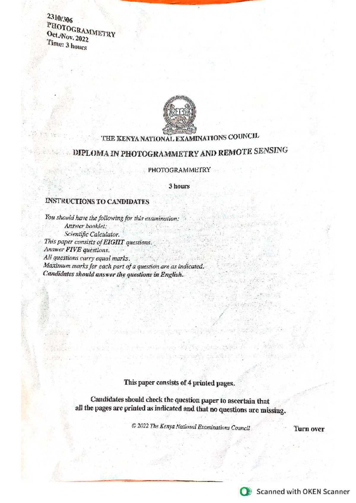 KNEC Diploma in Photogrammetry Past Exam Papers (2016-2022) - Studocu