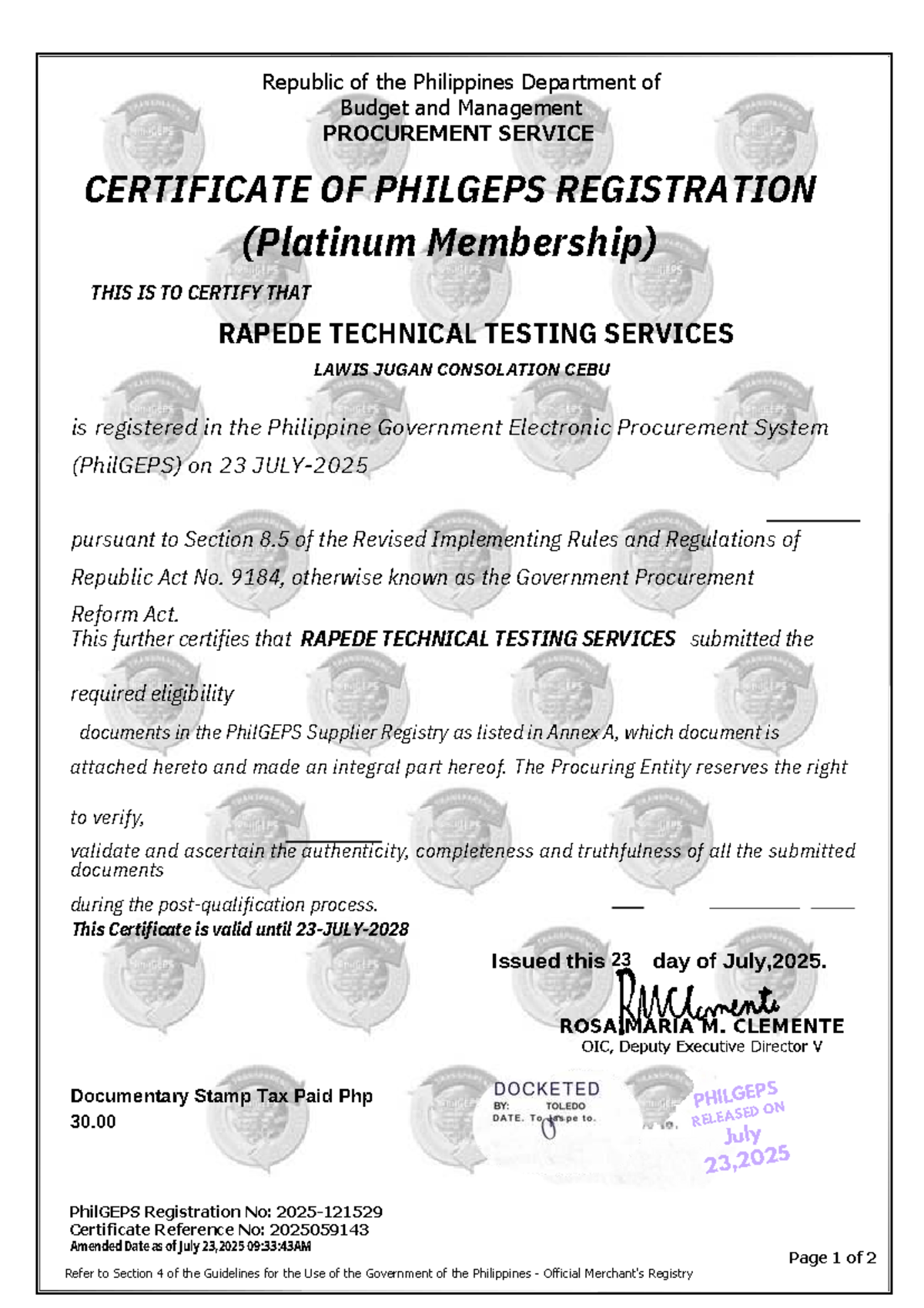 PhilGEPS Registration Certificate for Rapede Technical Testing Services ...