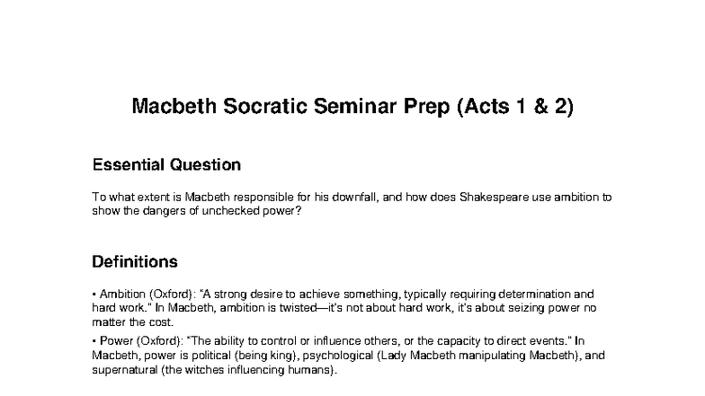 Macbeth (ENG 101) Socratic Seminar Prep: Ambition and Downfall Analysis ...