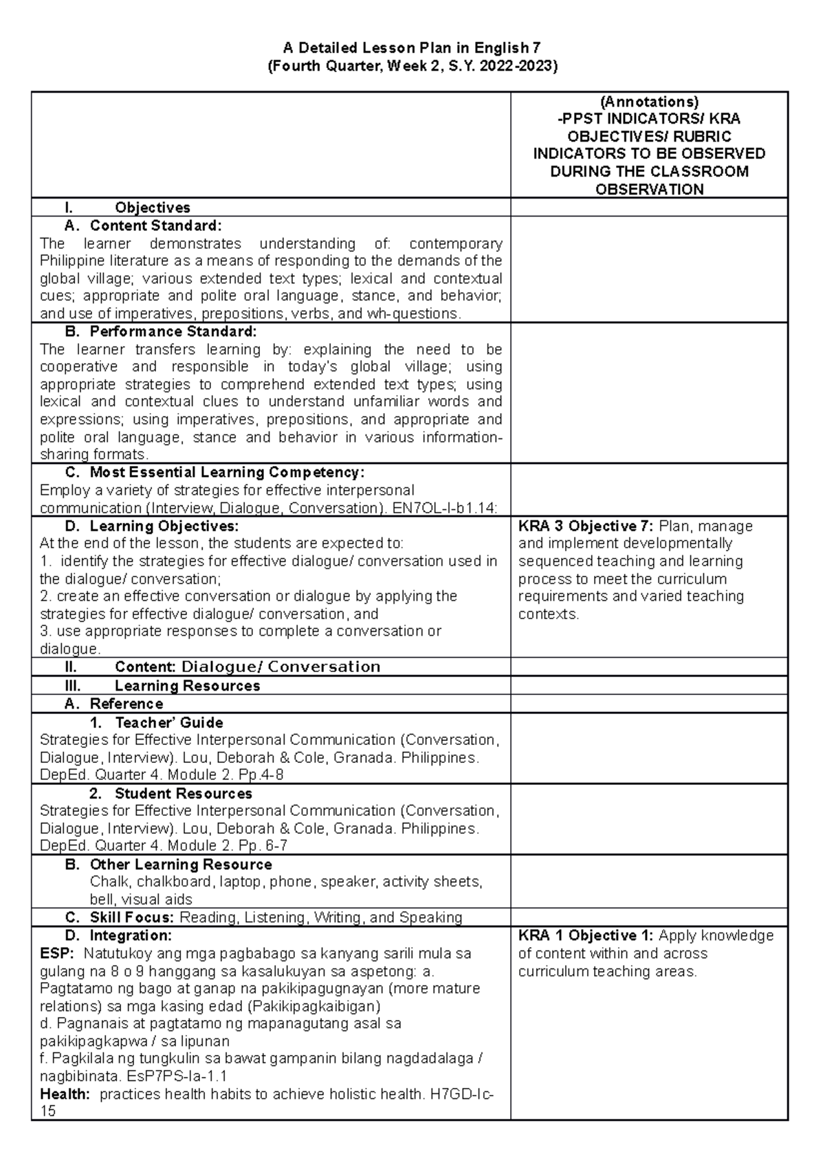 4th Q EN7 COT (Lesson Plan: Effective Dialogue & Conversation) - Studocu
