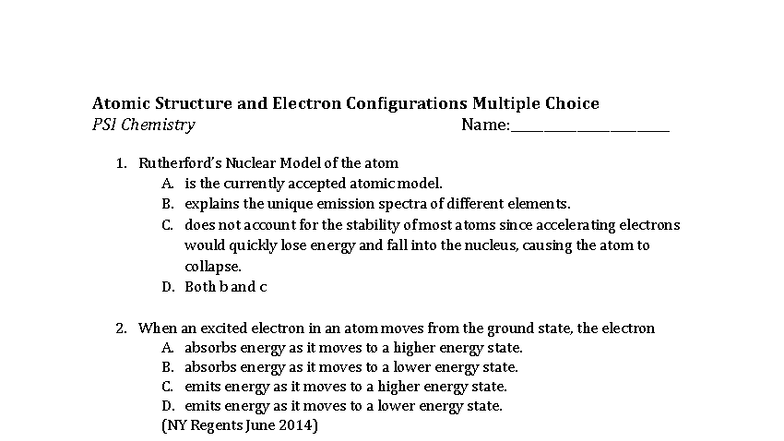 Atomic Structure & Electron Configurations MCQ Review PSI Chem 1 - Studocu