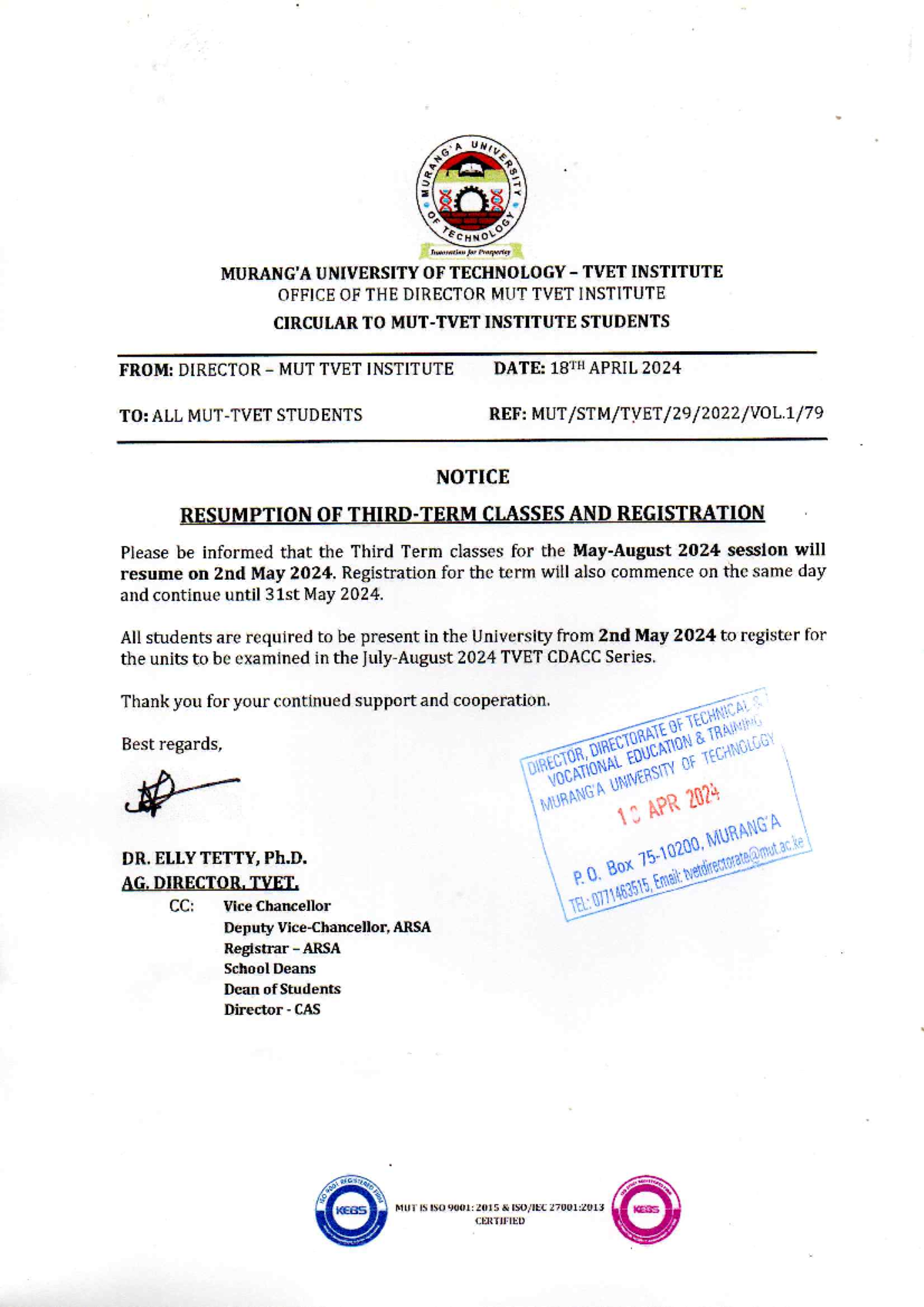 Notice Resumption OF Third-TERM Classes AND Registration - LIMITED OF ...