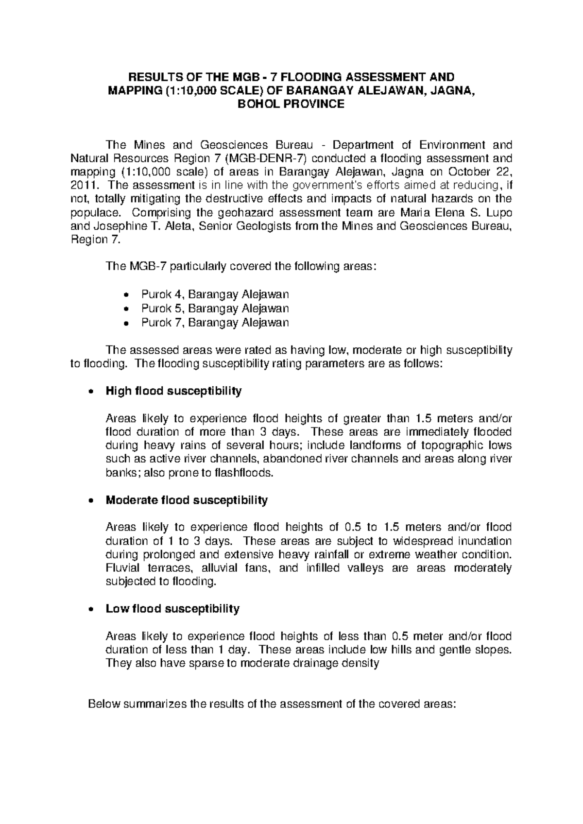 Results of MGB 7 Flooding Assessment in Jagna, Bohol Province - Studocu
