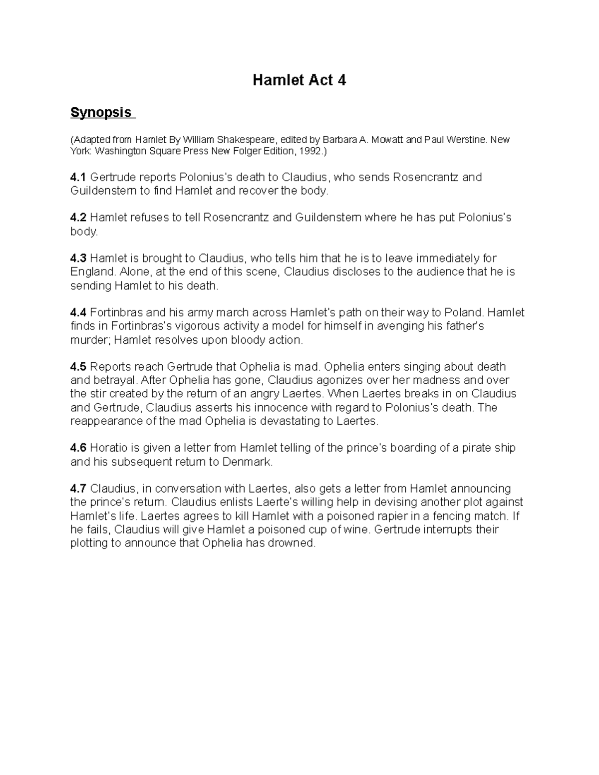 Hamlet Act 4 Handout - folm - Hamlet Act 4 Synopsis (Adapted from ...