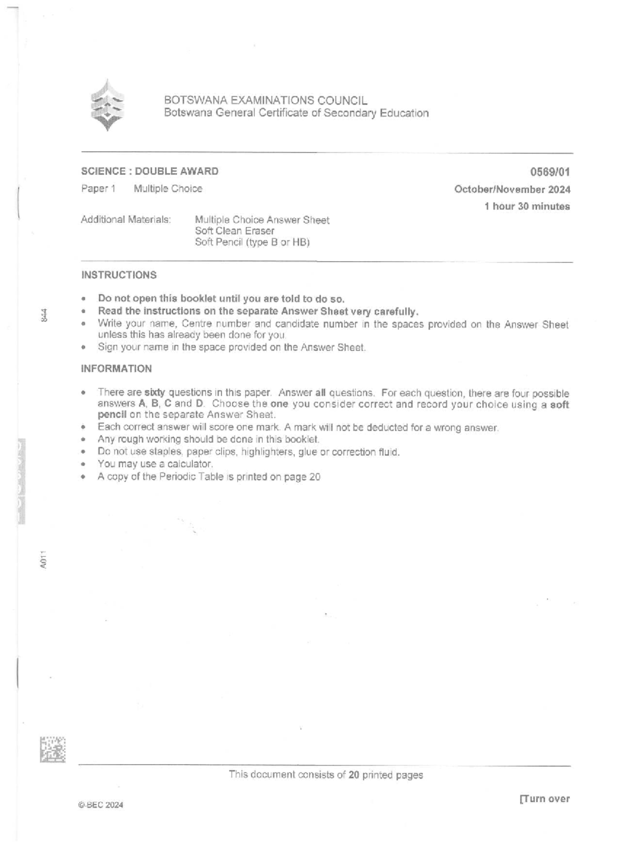 BEC 2024 Science Double Award Paper 1 Multiple Choice Exam - Studocu