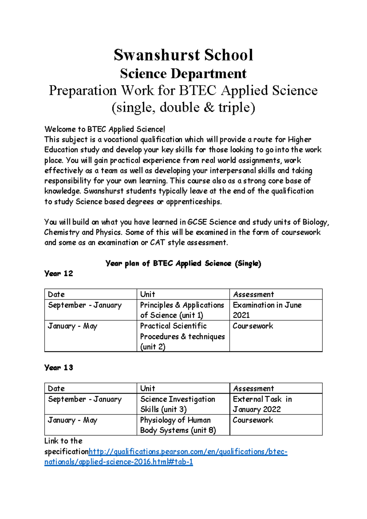 Induction Tasks for BTEC Applied Science (Single, Double & Triple ...