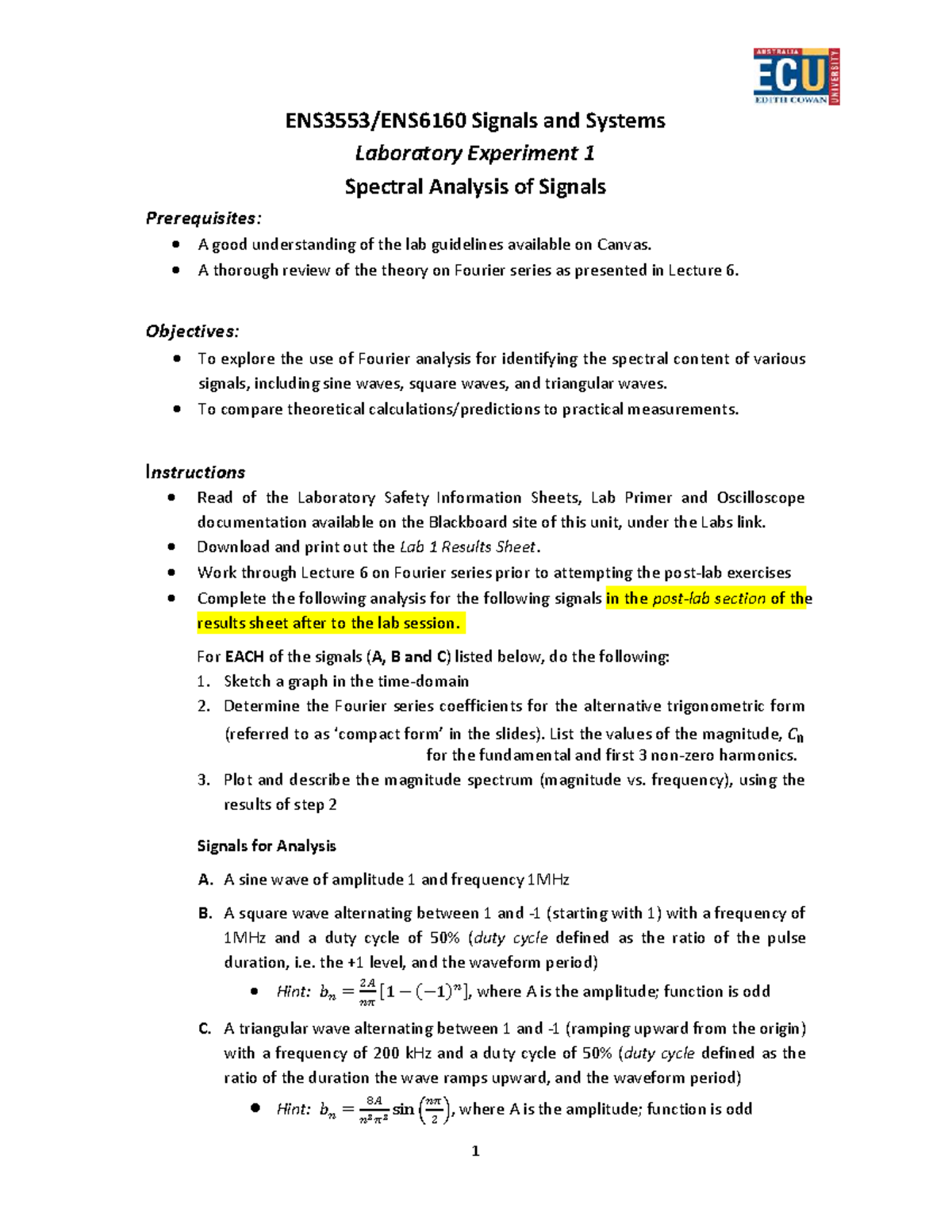 Lab 1: Spectral Analysis of Signals - Signals & Systems Lab (SS101) - Studocu