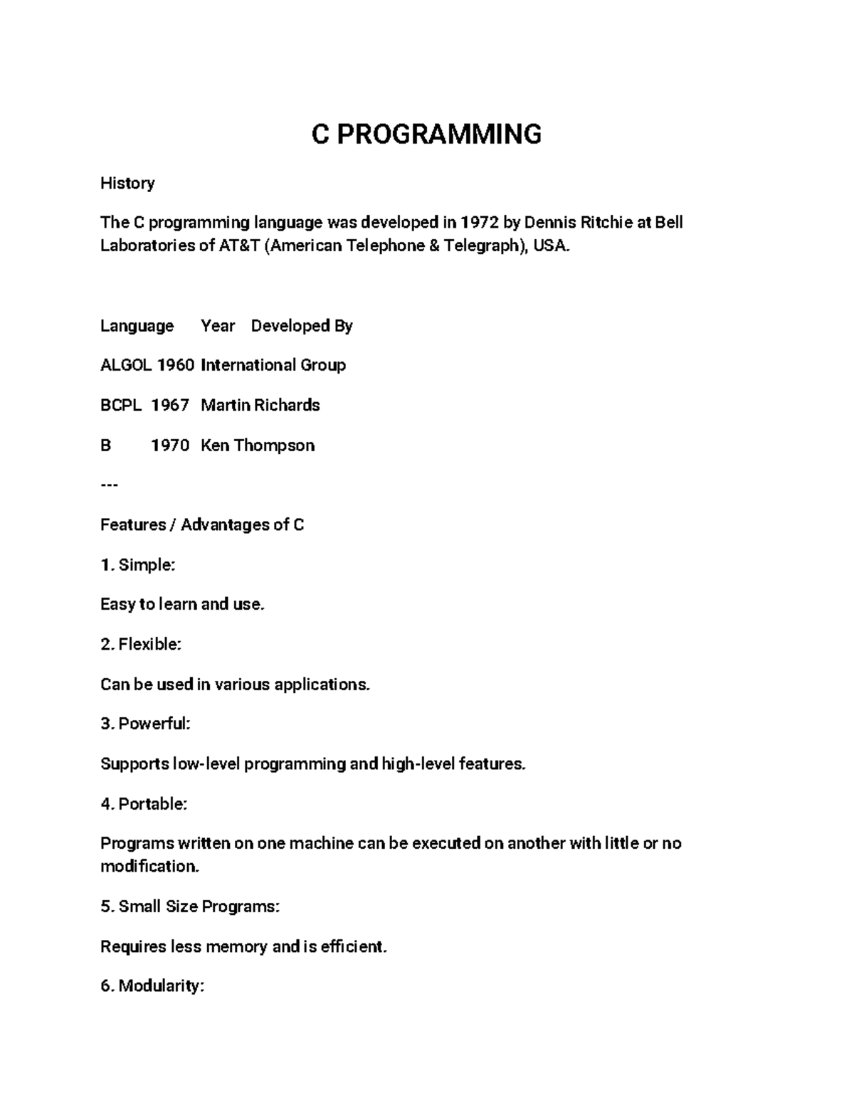 C Programming Notes: History, Advantages, and Basics - Studocu