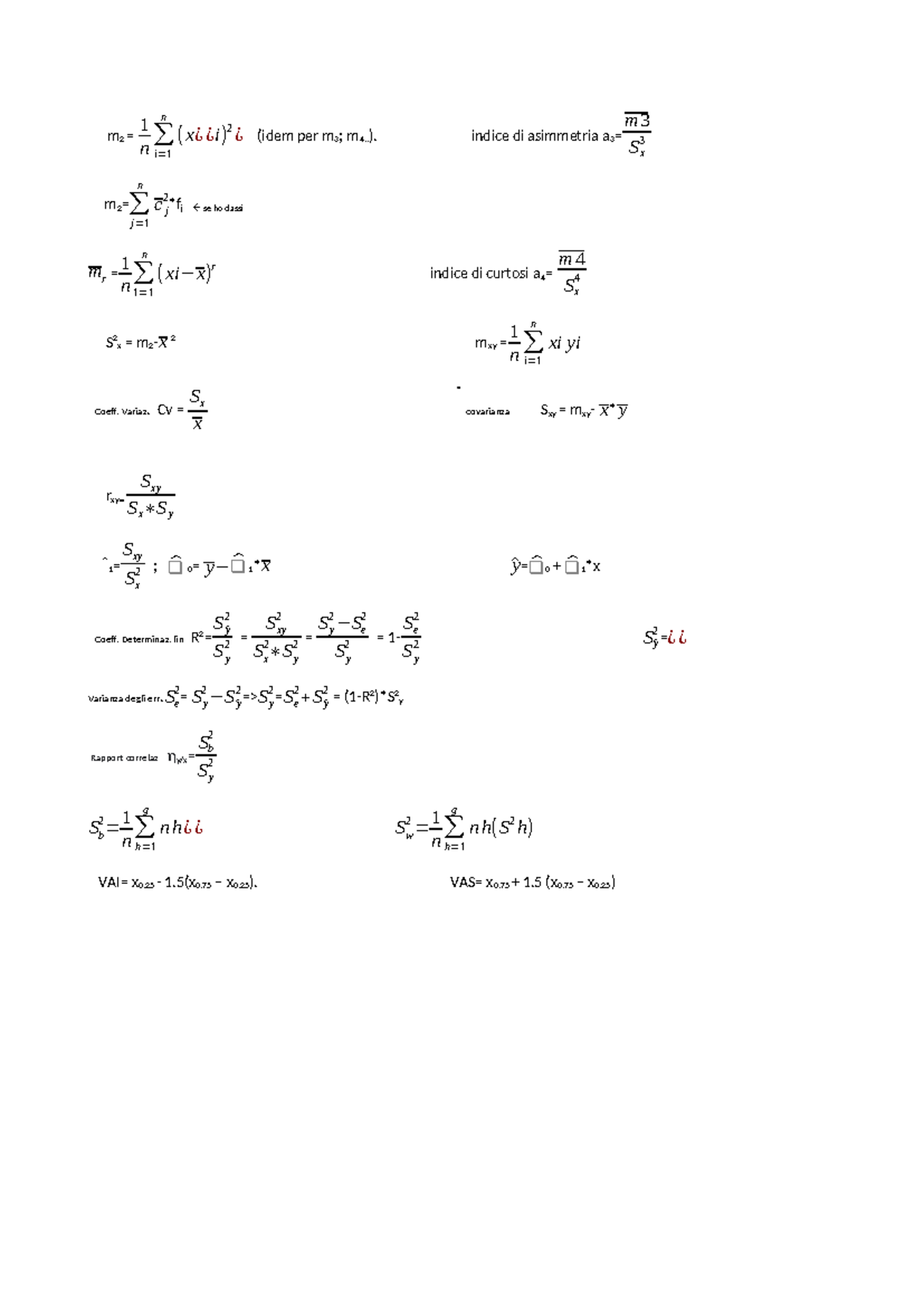 Formulario Statistica (Stat. Formulas) - n m2 1 & Test di Ipotesi - Studocu