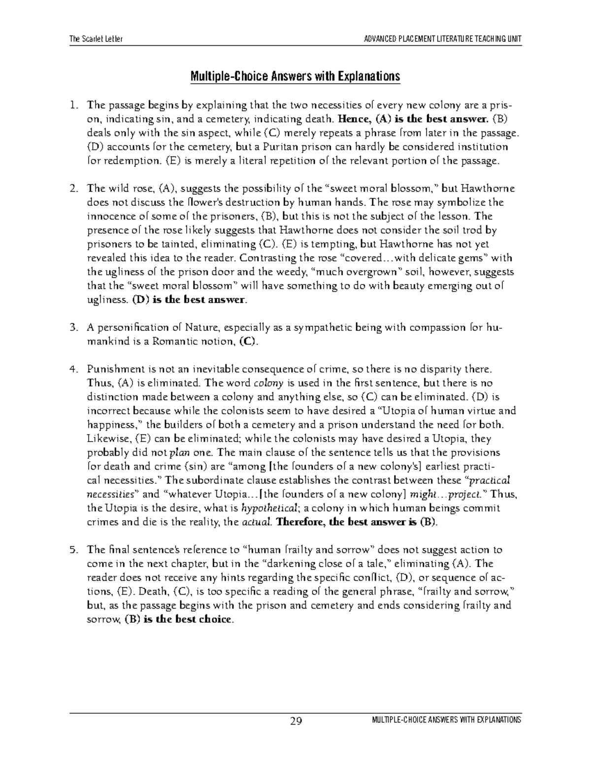 AP Literature Teaching Unit: The Scarlet Letter MC Answers ...