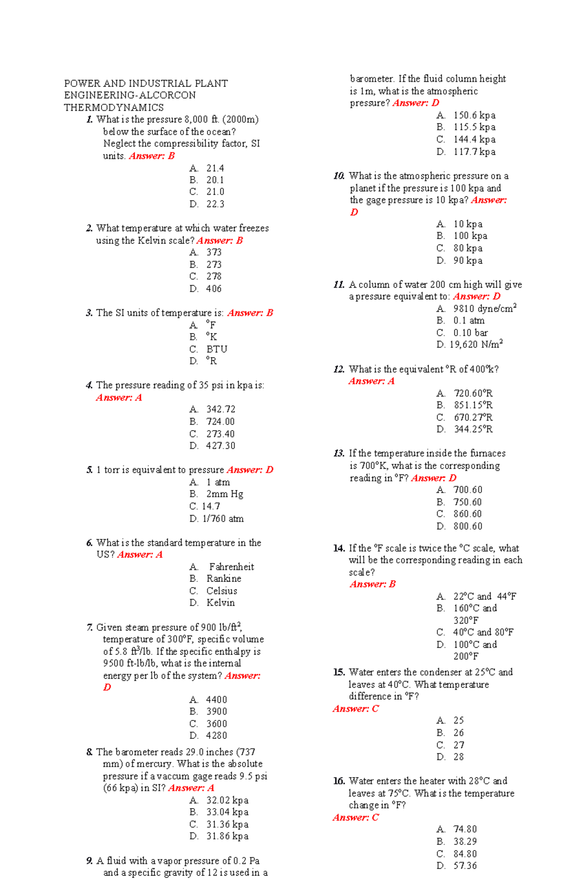PIPE Thermodynamics Review Materials and Practice Questions - Studocu