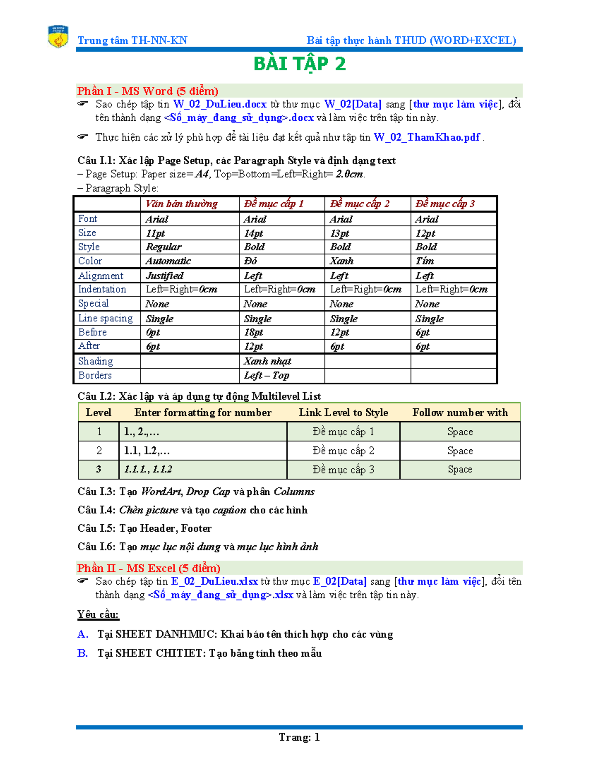 UO1 Bài Tập 2: Hướng Dẫn Thực Hành MS Word & Excel - Studocu