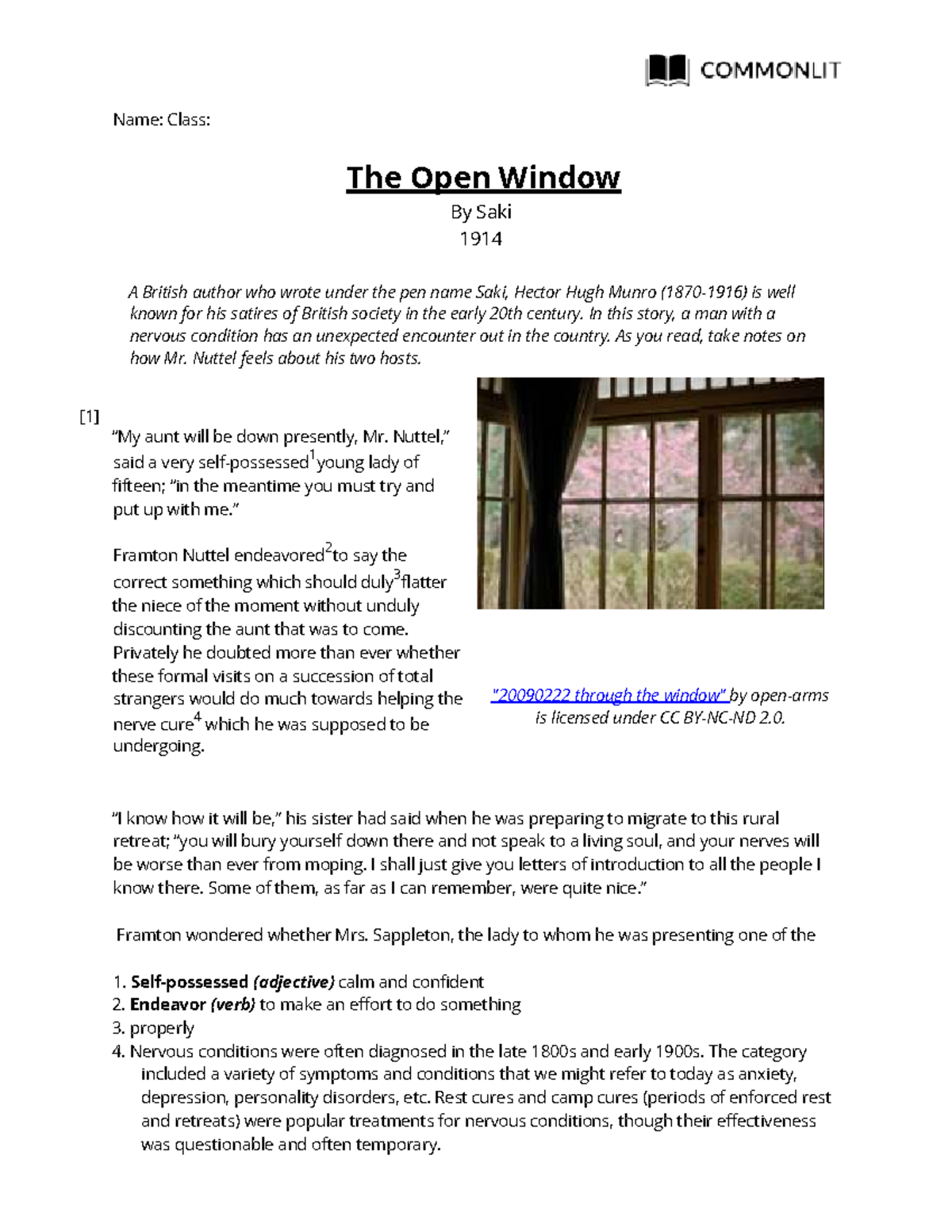 The Open Window (Saki) - Study Notes & Analysis for ENG 101 - Studocu