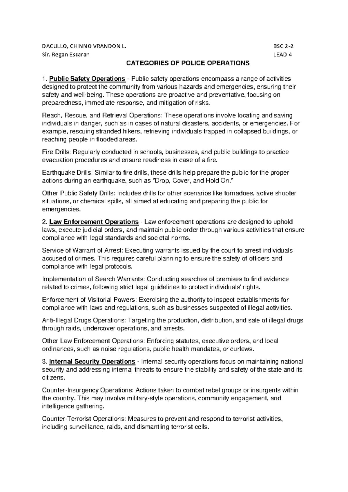 BSC 2-2: Categories of Police Operations Overview - Studocu