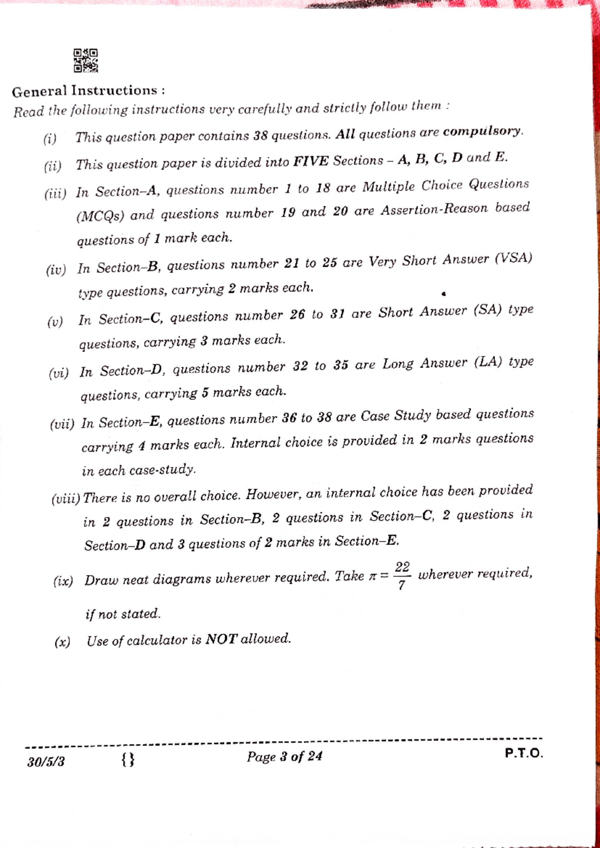 CBSE Class 10 Maths Basic SET 2 Question Paper Instructions and Format ...