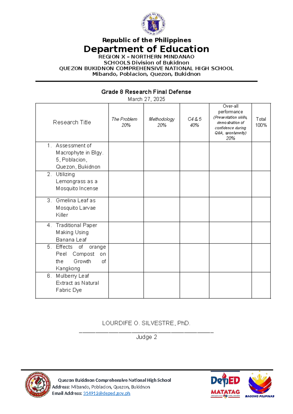 Grade 8 Research Final Defense Checklist - Quezon Bukidnon ...
