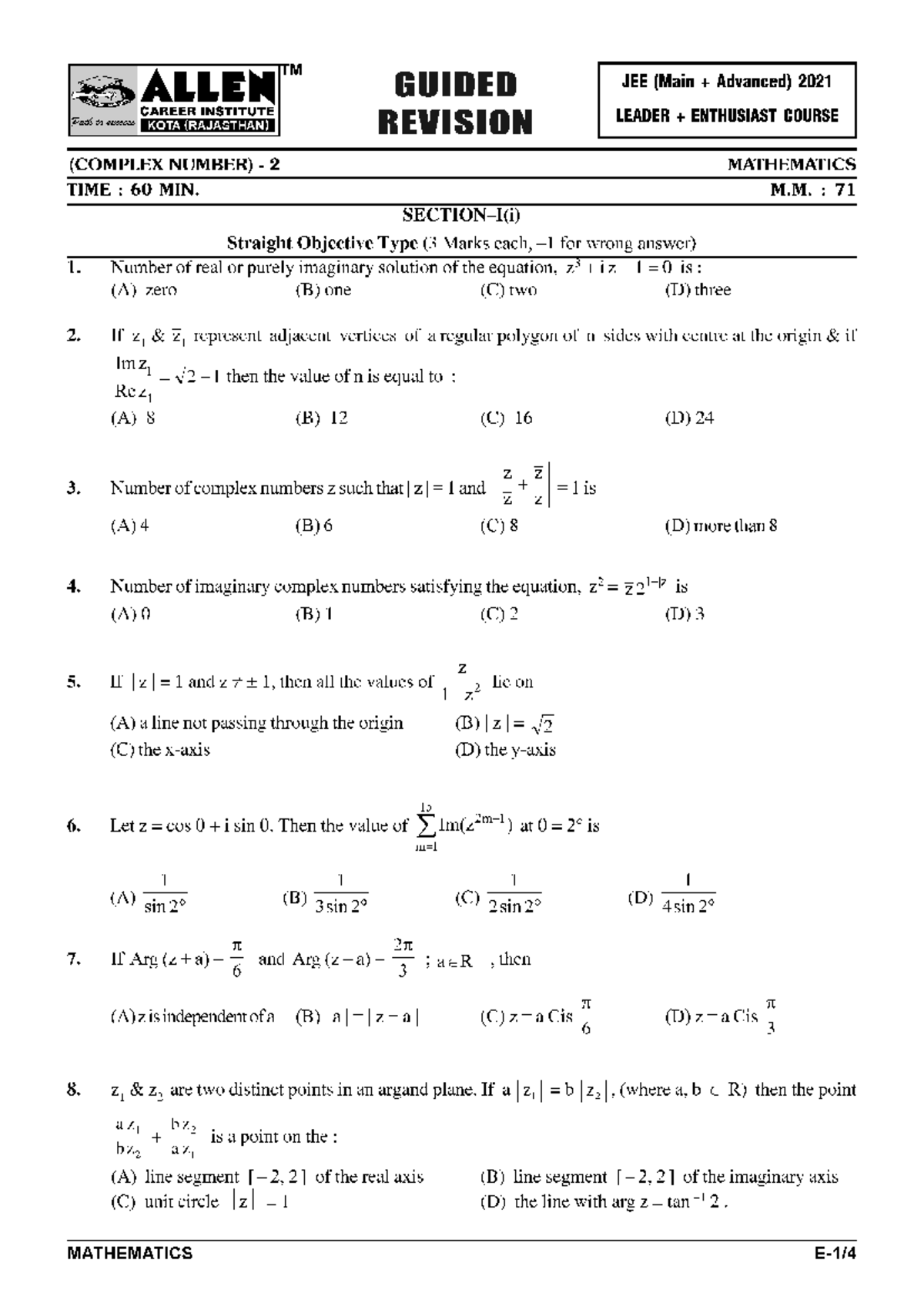 TM ALLEN JEE (Main Advanced) 2021 Complex Numbers Revision Sheet 2 ...