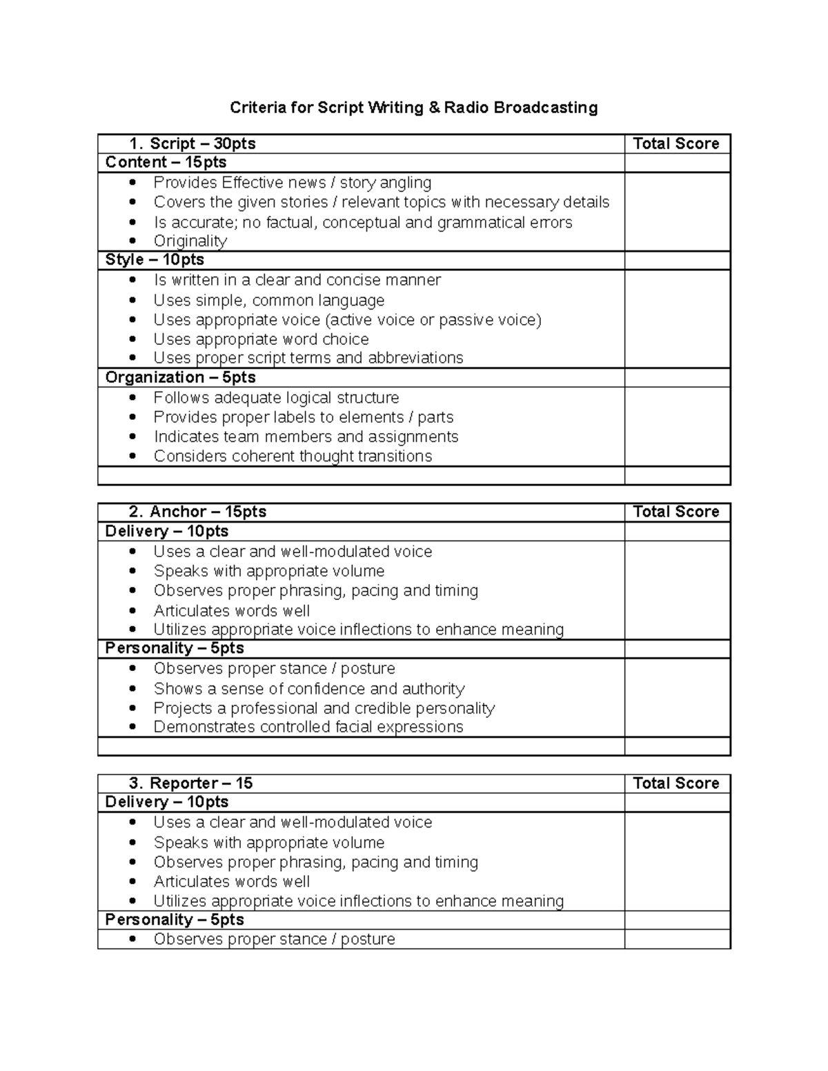 Criteria for Script Writing and Radio Broadcasting - Criteria for ...