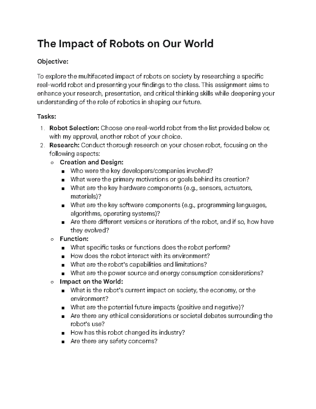 Robotics Impact Presentation Assignment: Exploring Real-World Robots ...