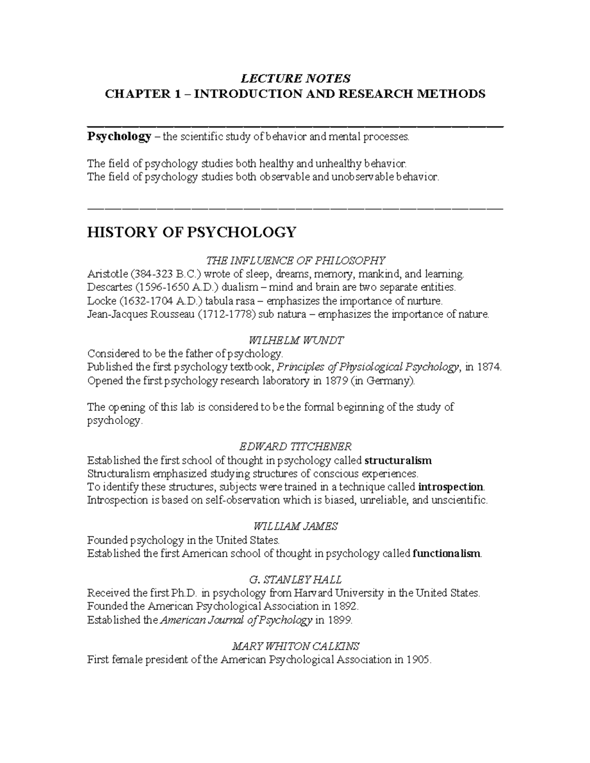 Lecture Notes: Intro to Psychology & Research Methods (PSY101) - Studocu