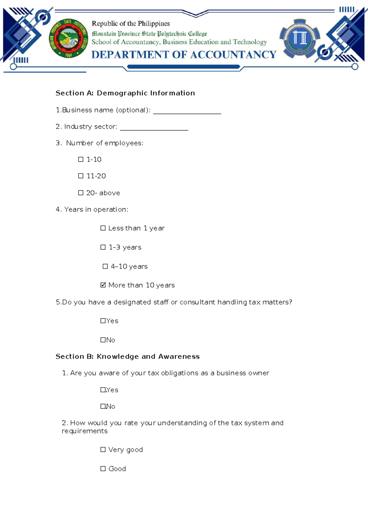 Questionnaire on Tax Compliance Awareness and Attitudes - Studocu