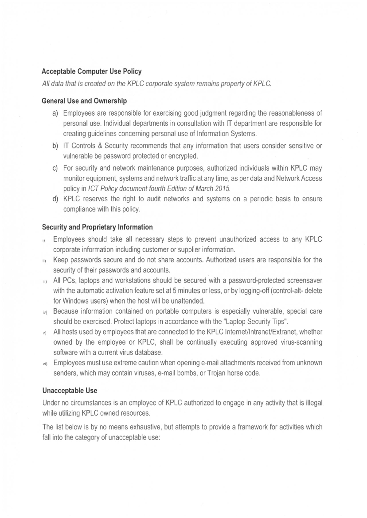 KPLC Acceptable Computer Use Policy Guidelines - Studocu
