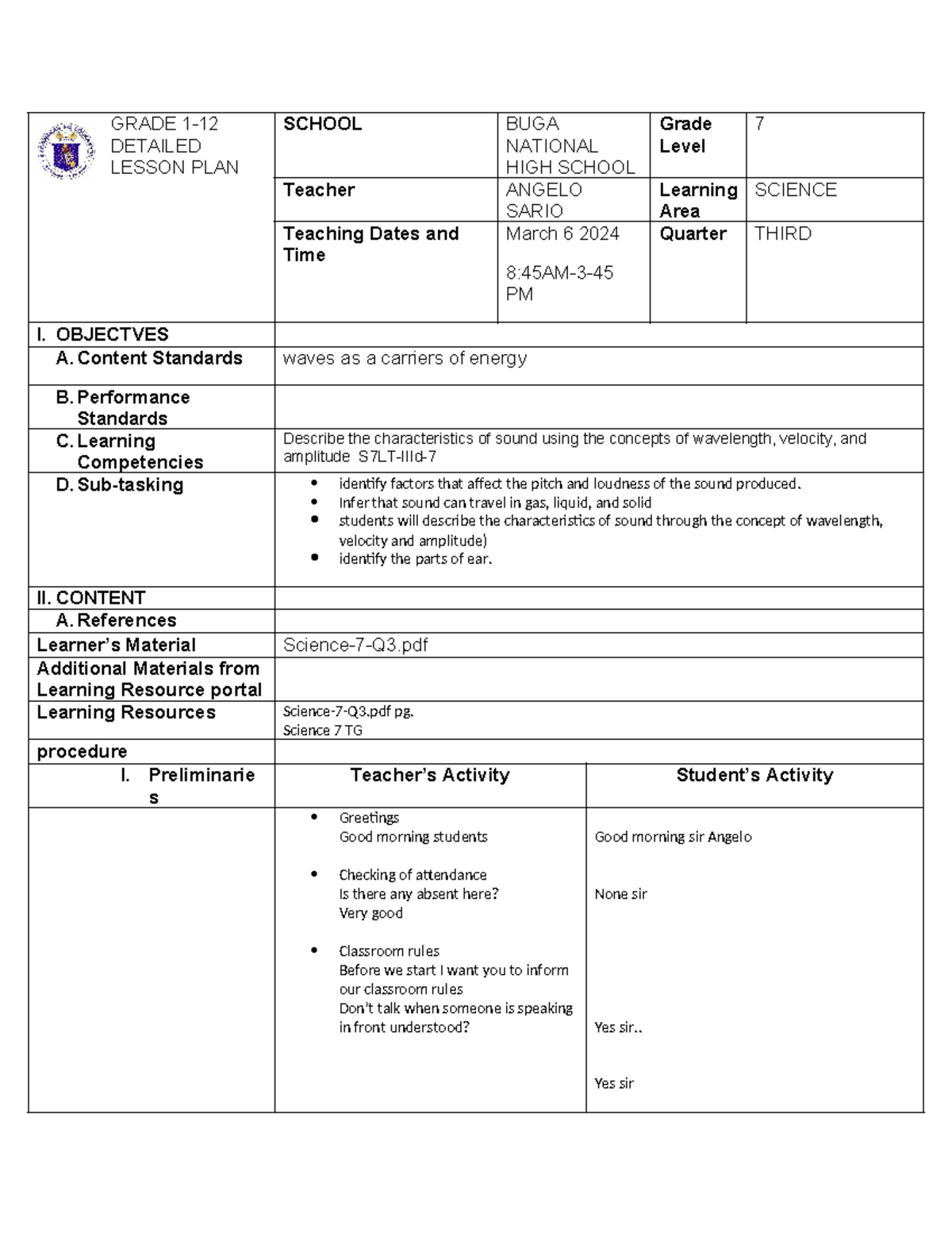 Grade 7 Science Lesson Plan on Sound for March 6, 2024 - Studocu