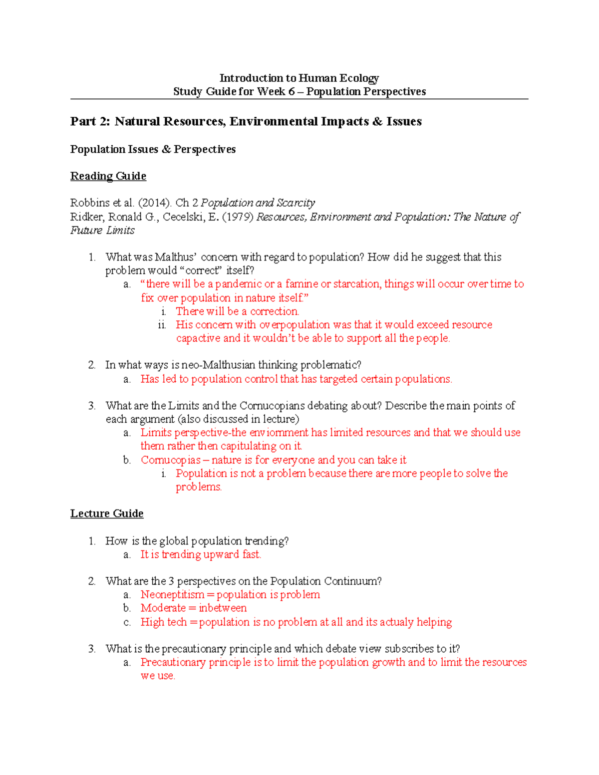 Week 6 Study Guide: Population Issues & Environmental Perspectives ...
