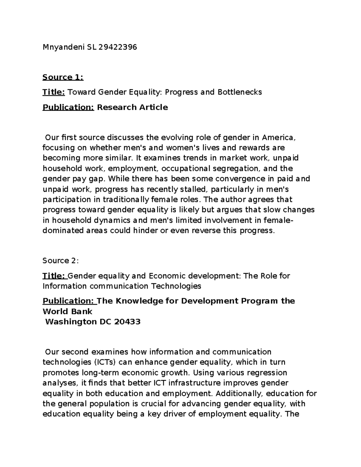 SL 29422396: Gender Equality Progress & ICT's Role in Development - Studocu