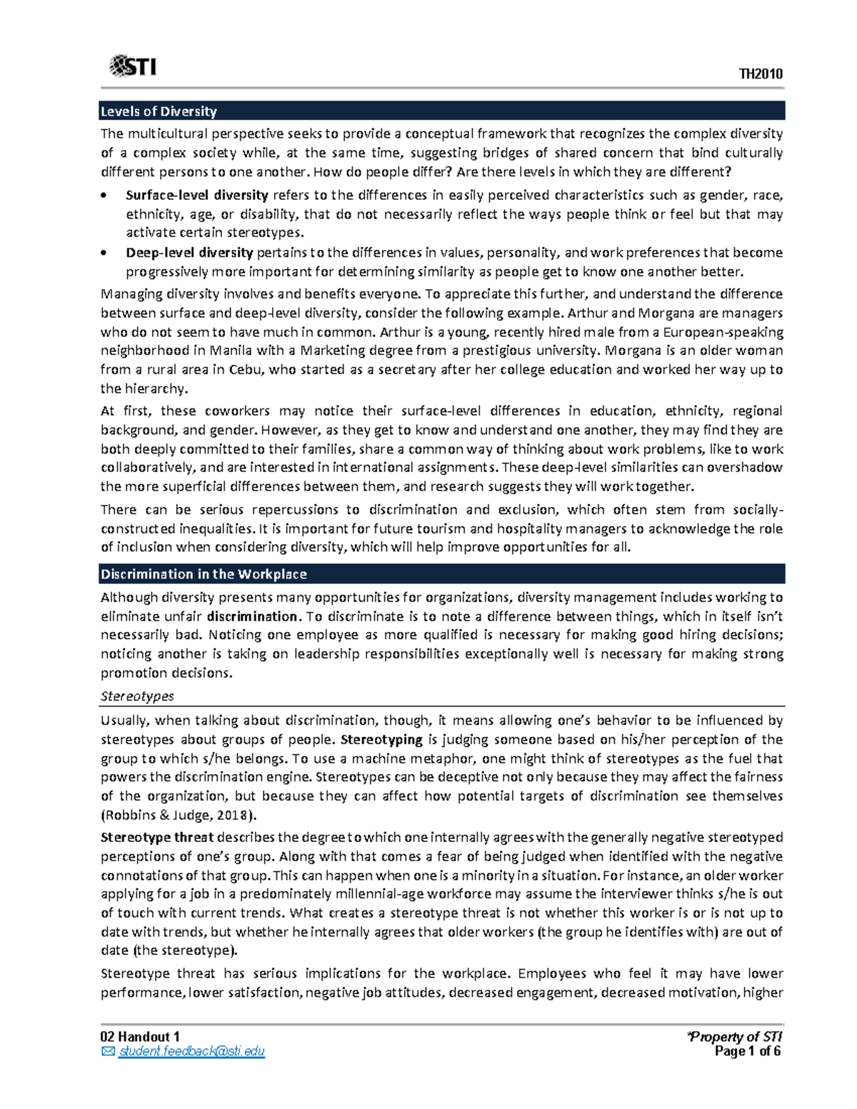 STI 02 Handout 1: Understanding Surface & Deep-Level Diversity - Studocu