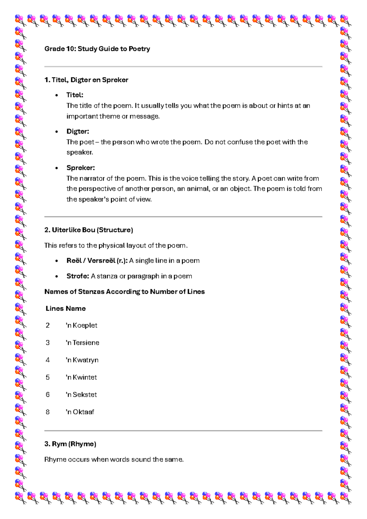Grade 10: Afrikaans FAL Poetry Study Guide and Analysis - Studocu