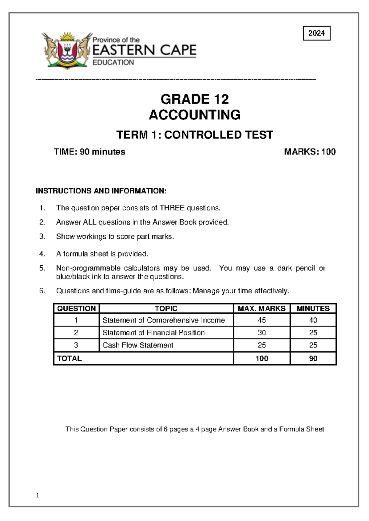 2024 Gr 12 Accounting Controlled Test Question Paper - Studocu