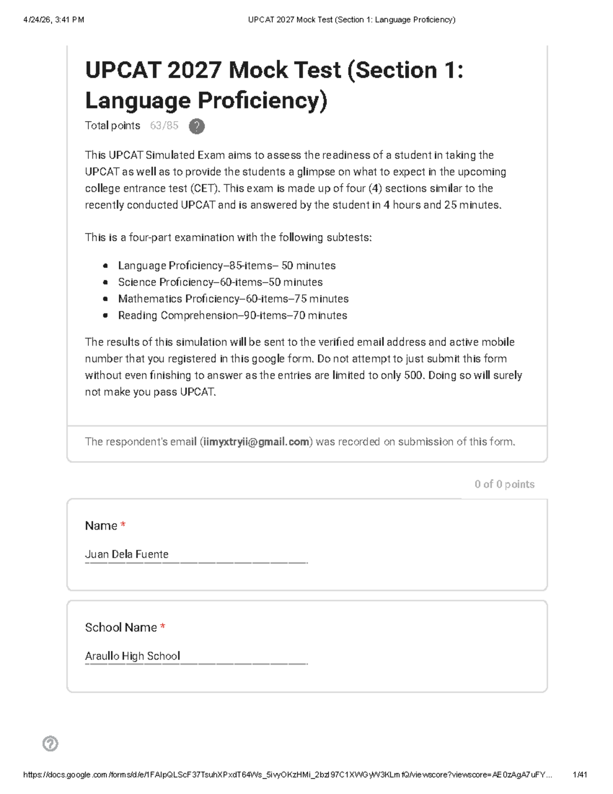 UPCAT 2027 Language Proficiency Mock Test: Section 1 Review - Studocu