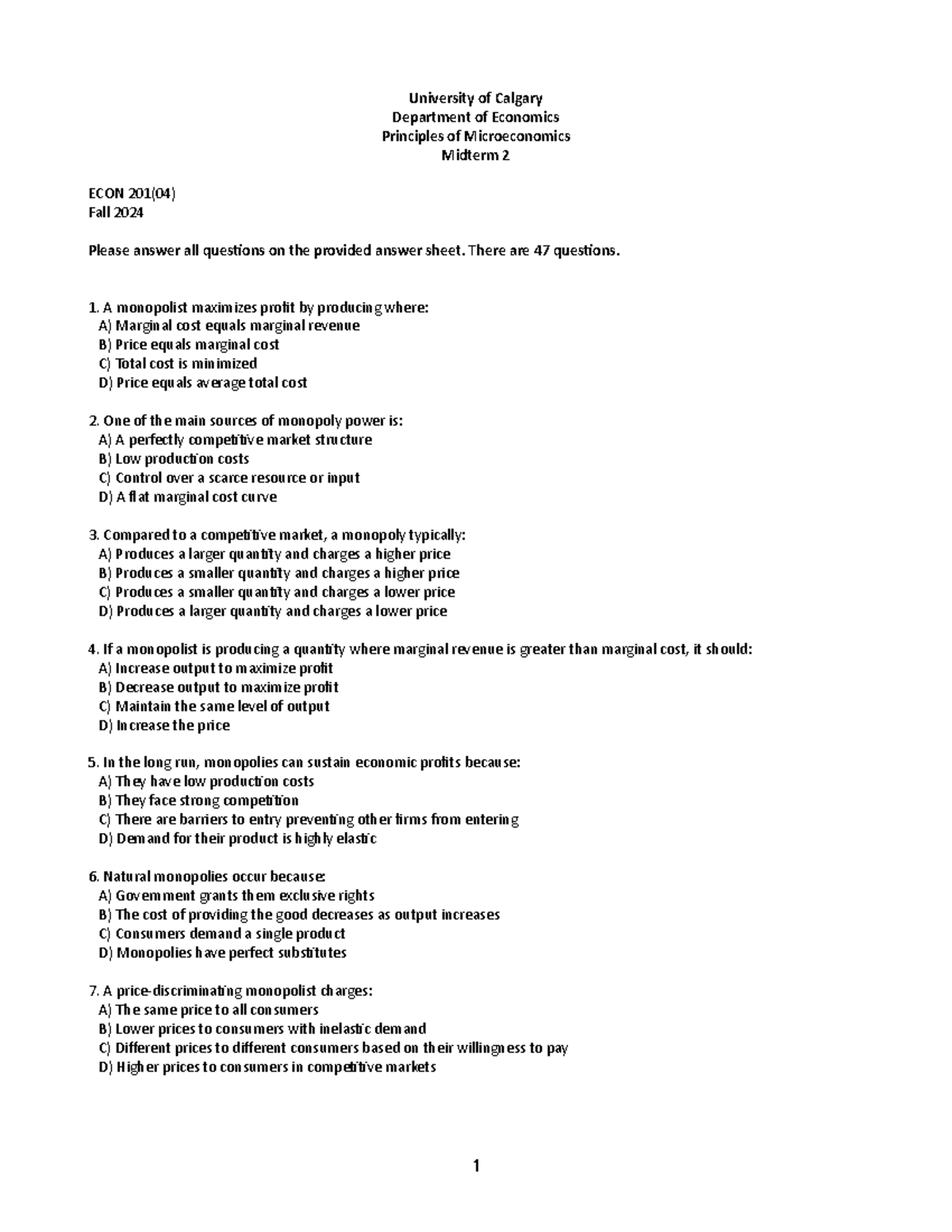 ECON 201(04) Fall 2024 Midterm 2 Study Guide & Practice Questions - Studocu