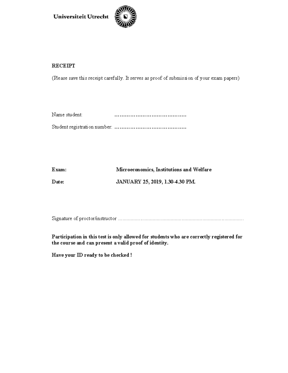 Endterm Exam Receipt - Microeconomics & Institutions 18-19 - Studeersnel