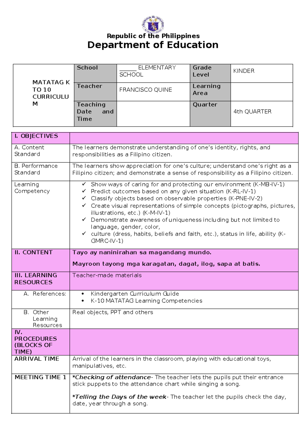 KINDER K-10 MATATAG 4th Quarter Lesson Plan with Indicators - Studocu