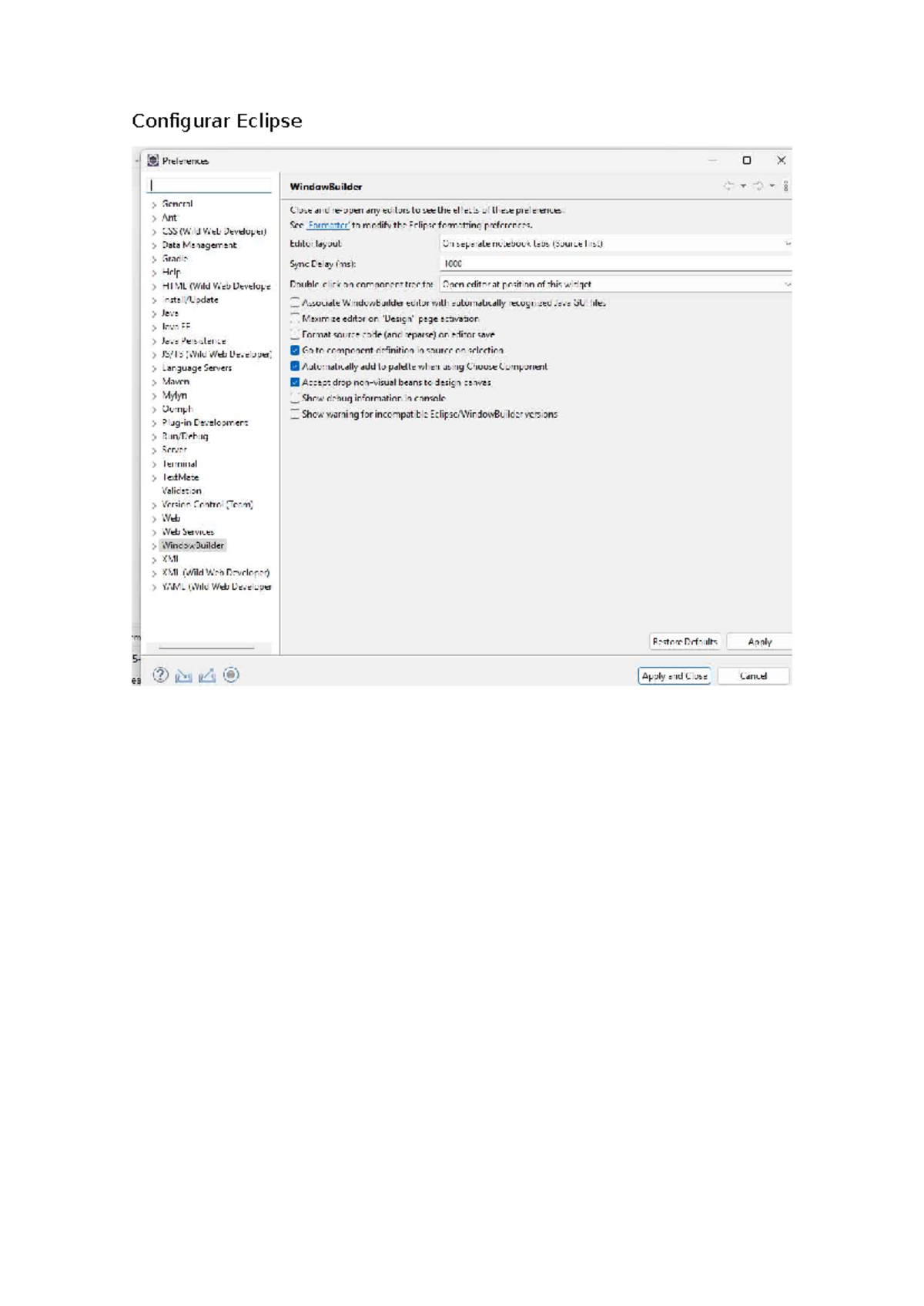 Configurar Eclipse Preferences: WindowBuilder Settings Guide - Studocu