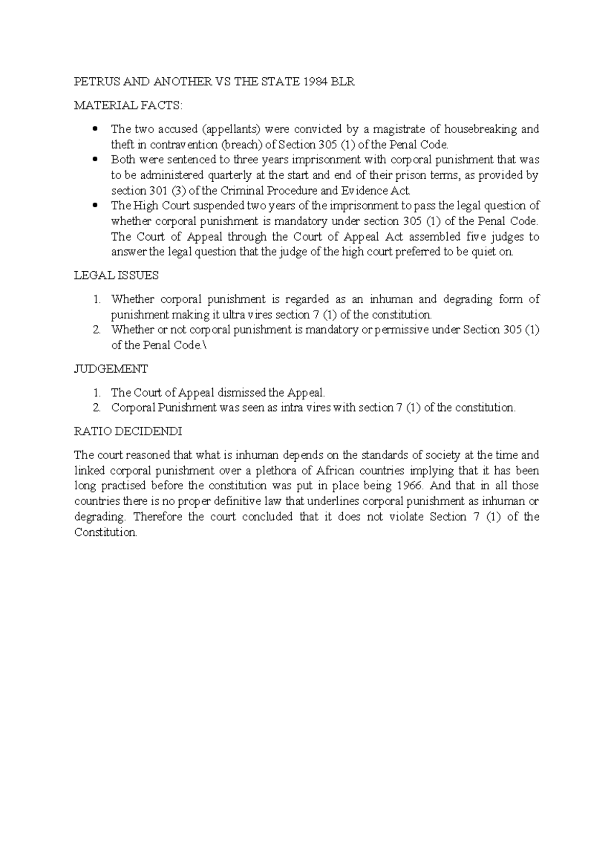 Petrus & Another vs The State 1984 BLR Case Brief Analysis - Studocu