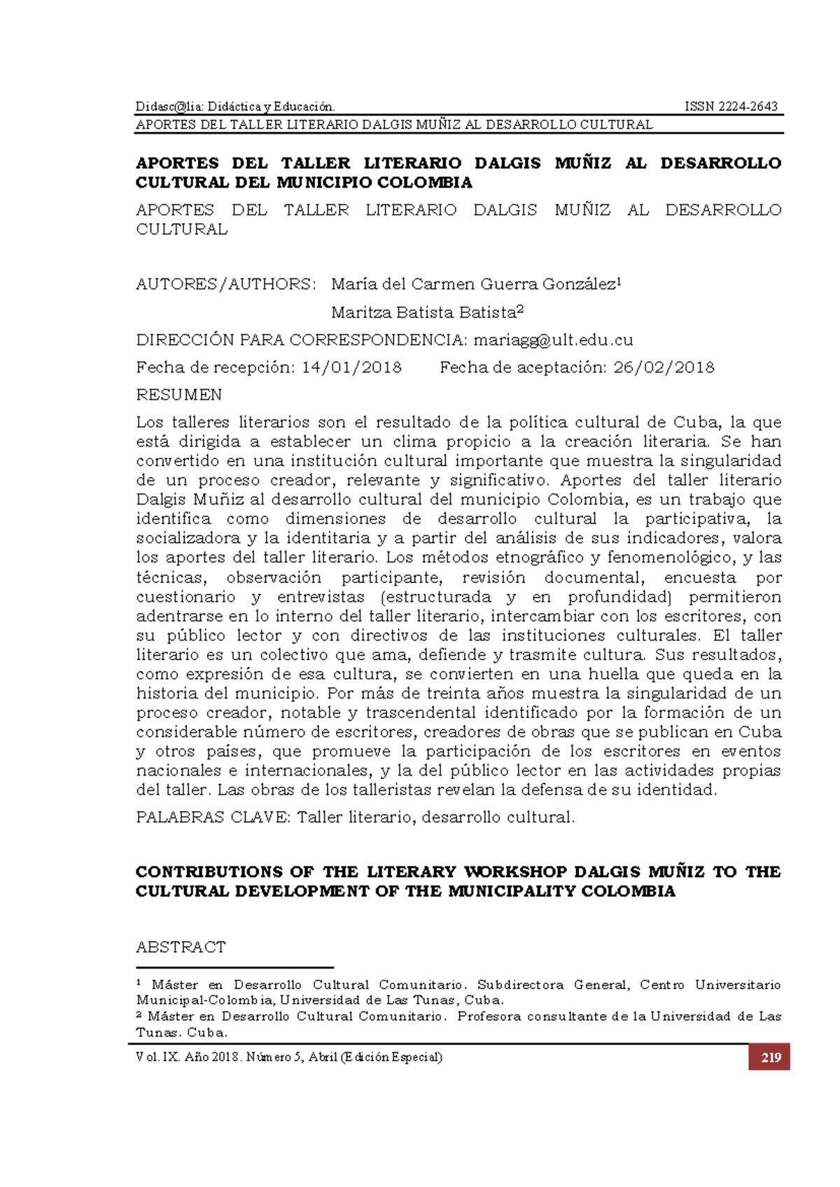 Aportes del Taller Literario Dalgis Muñiz al Desarrollo Cultural en ...