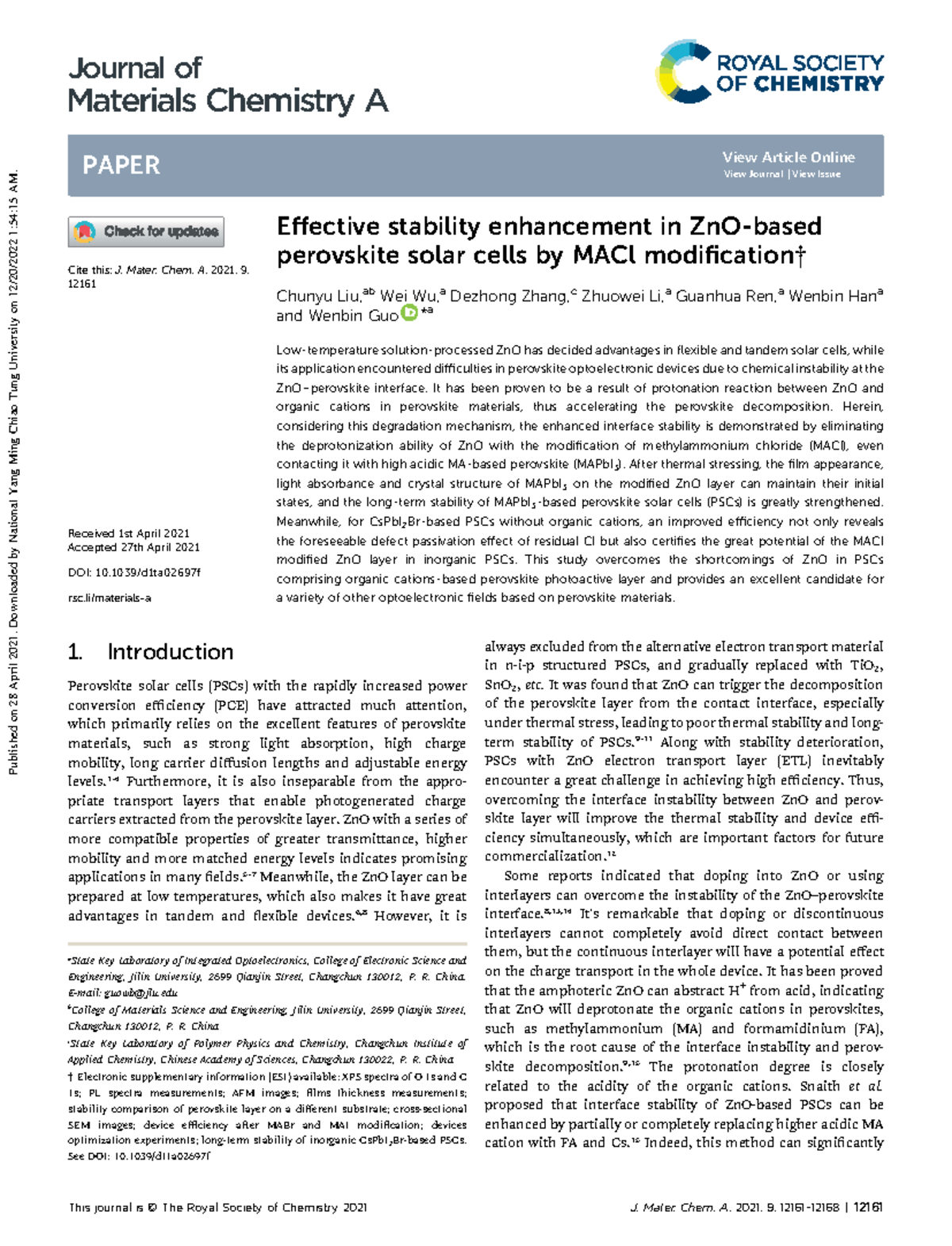 Perovskite solar cell - Effective stability enhancement in ZnO-based ...
