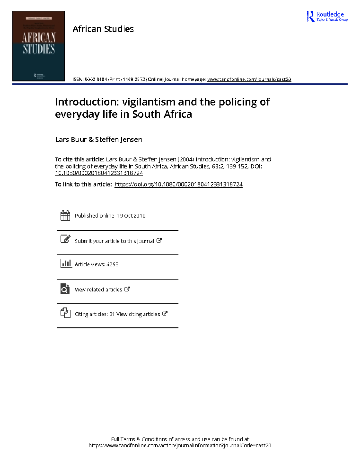 Vigilantism and Everyday Policing in South Africa: An Overview - Studocu