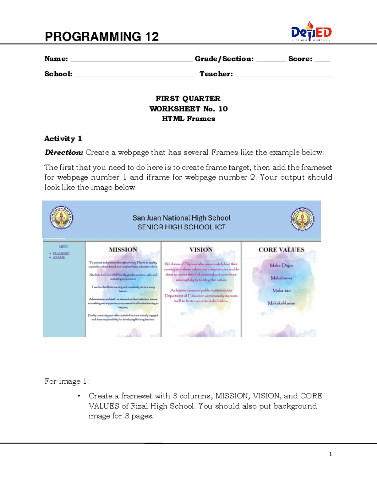 TVL ICT Programming 11 Q1 Worksheet No. 10: HTML Frames Activity - Studocu
