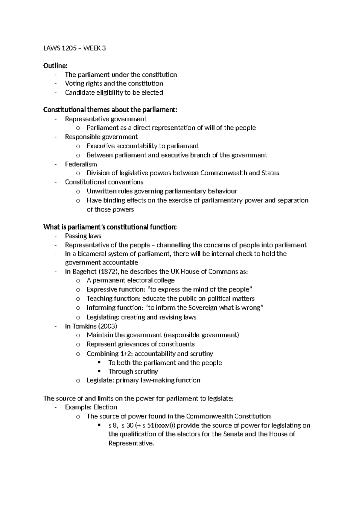 LAWS 1205 - Week 3: Constitutional Framework of Parliament and Voting ...
