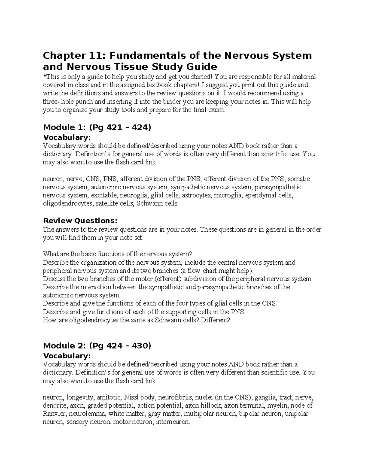 Chapter 11 Study Guide: Nervous System Fundamentals for Final Exam ...