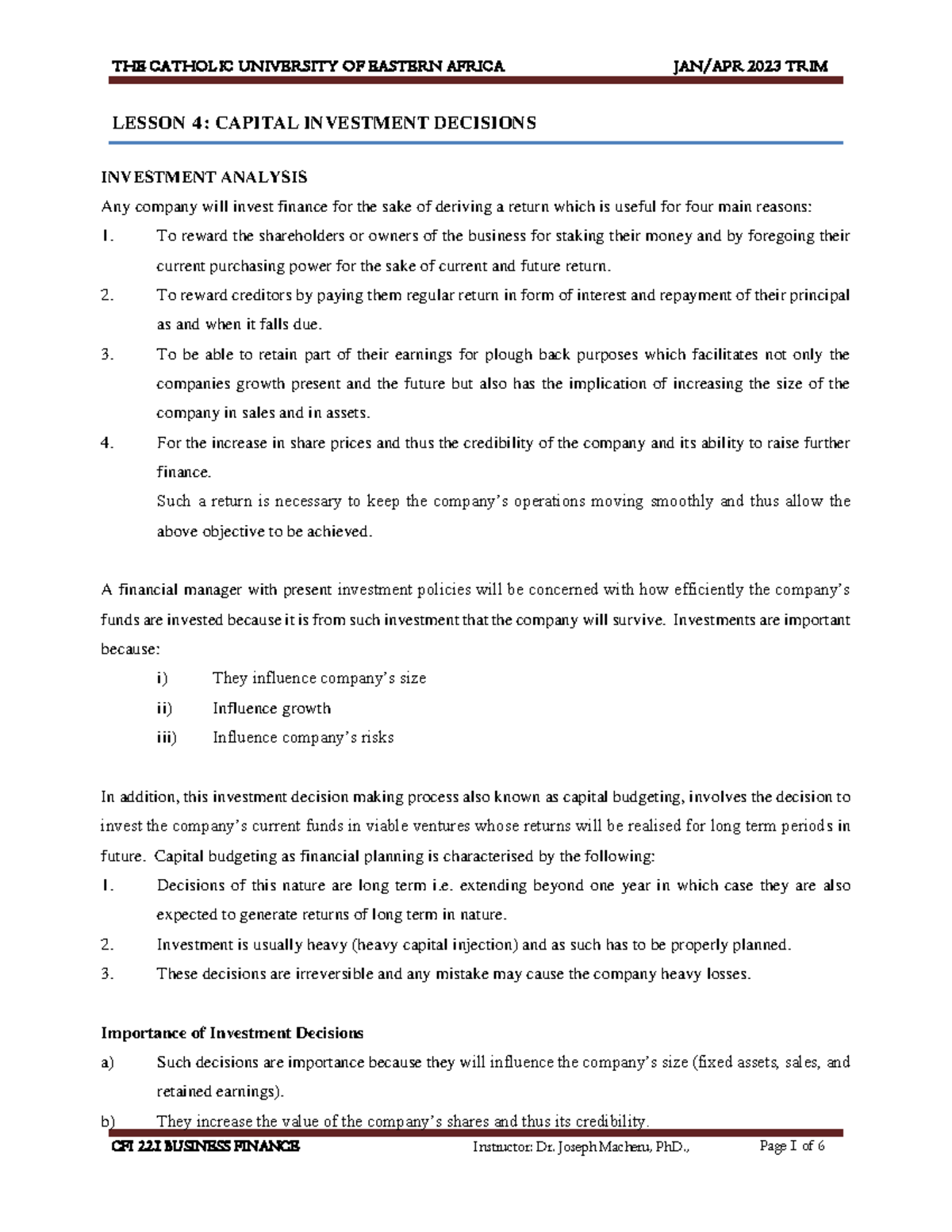 CFI 221 Business Finance: Lesson 4 - Notes on Capital Investment ...