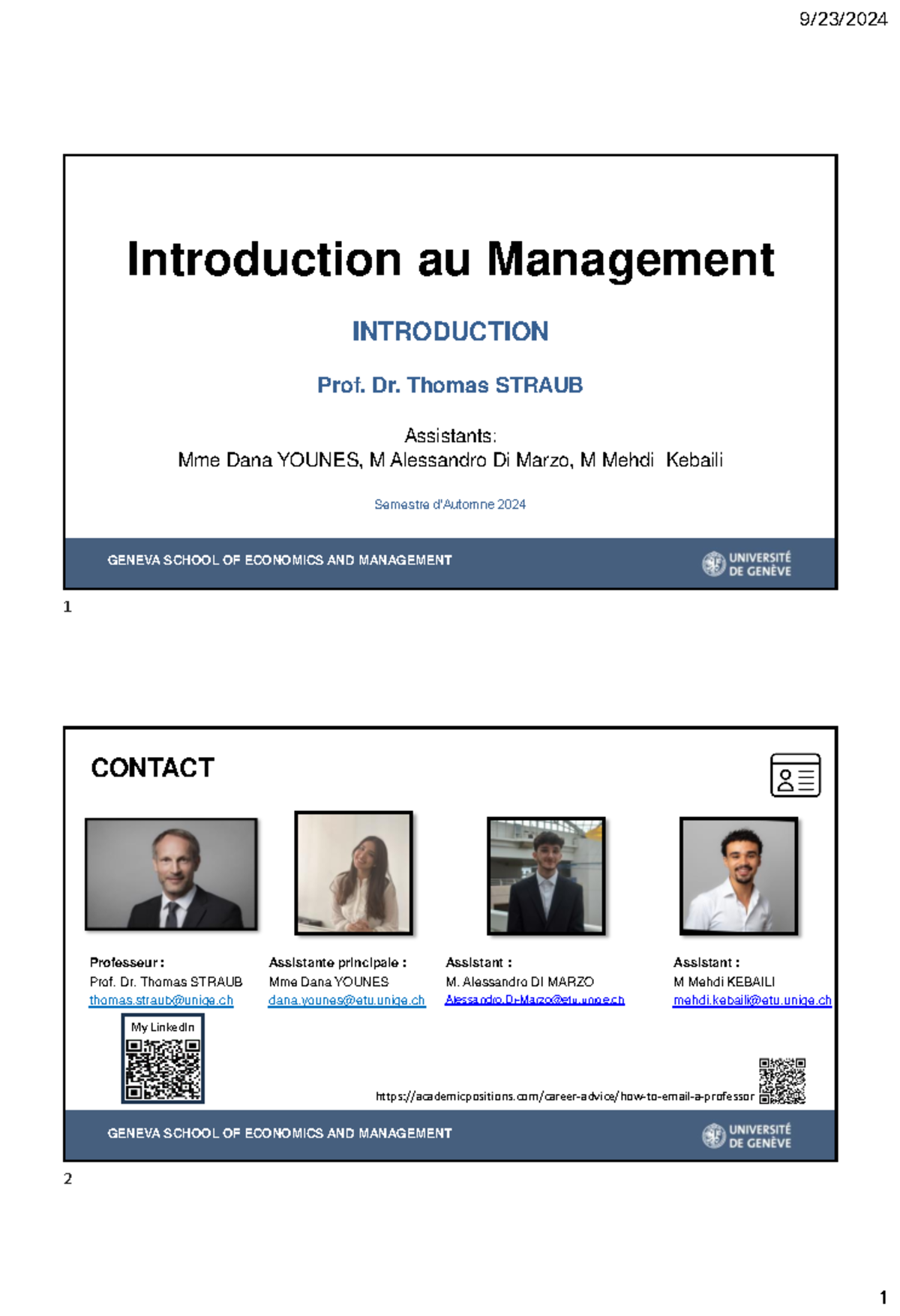 Introduction Mgmt 24 (Intro) - GENEVA SCHOOL OF ECONOMICS AND MANAGEMENT Introduction au ...